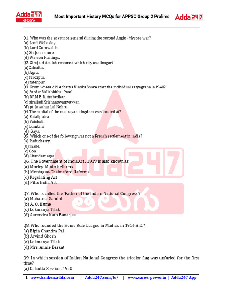 Most-Important-History-MCQs-for-APPSC-Group-2-English | PDF