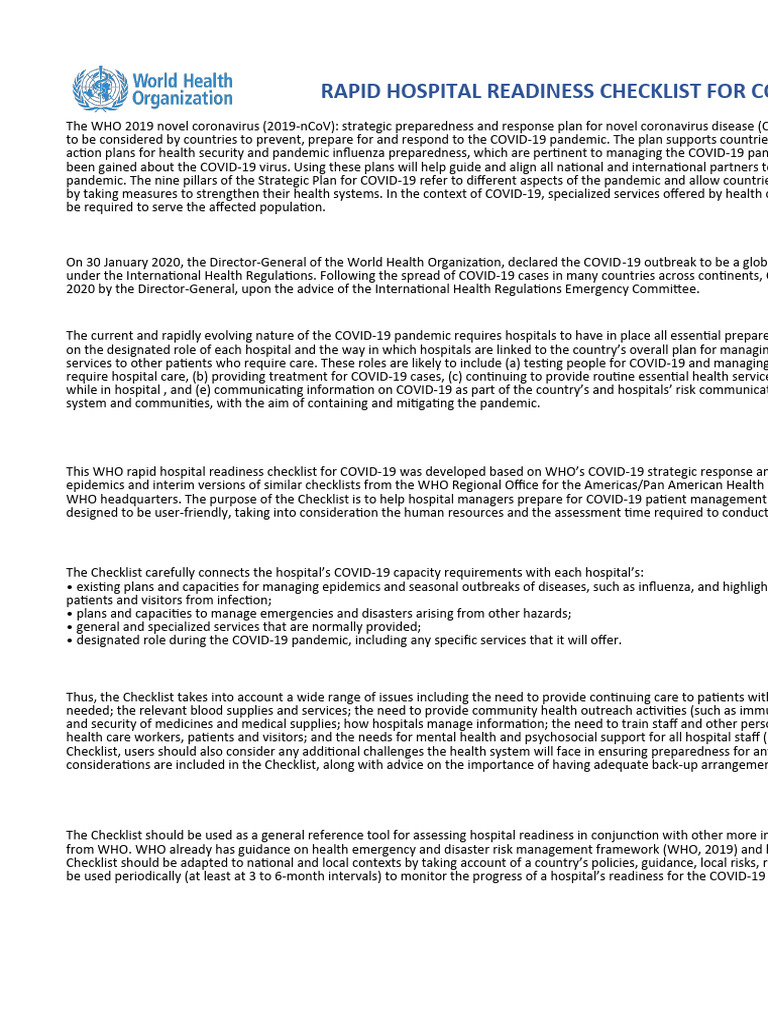 WHO 2019 Ncov Hospital - Readiness - Checklist - Tool 2020.1 Eng | PDF ...