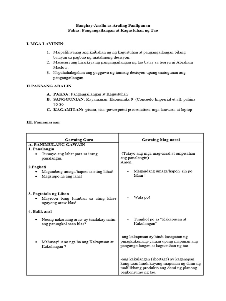 LESSON PLAN Pangangailangan at Kagustuhan | PDF