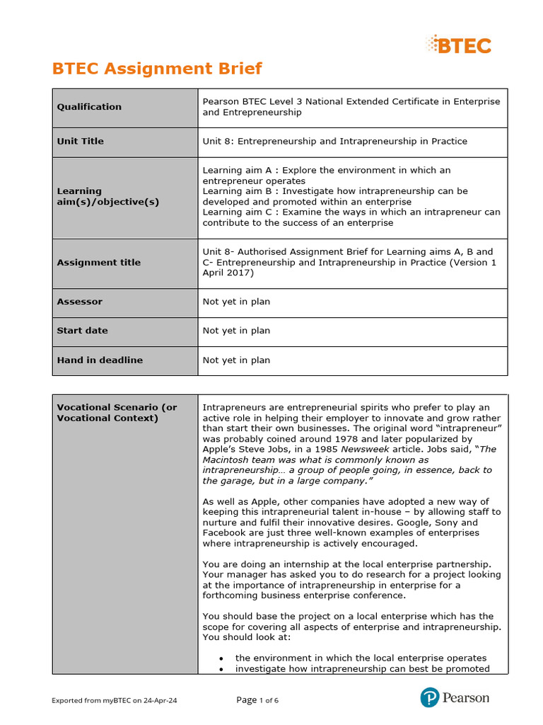 Unit 8 - Authorised Assignment Brief For Learning Aims A, B and C - Entrepreneurship and ...