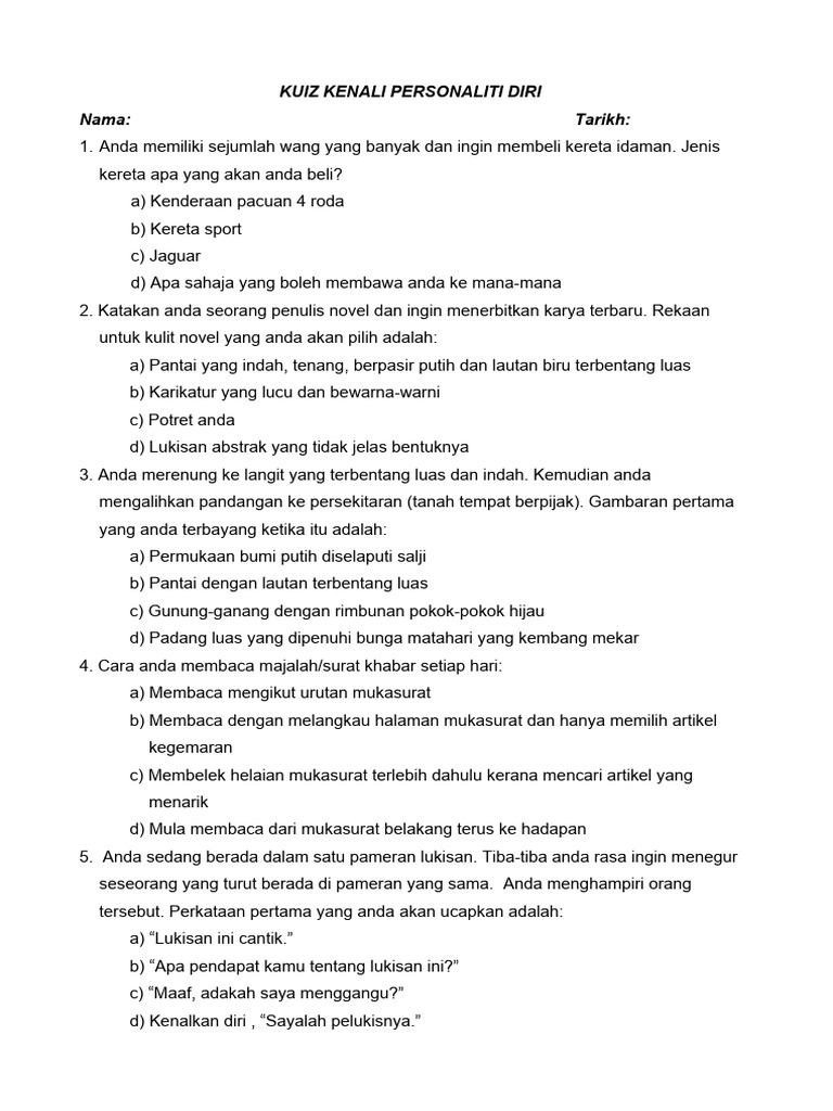 Kuiz Kenali Personaliti Diri | PDF | Seni | Fiksi Umum