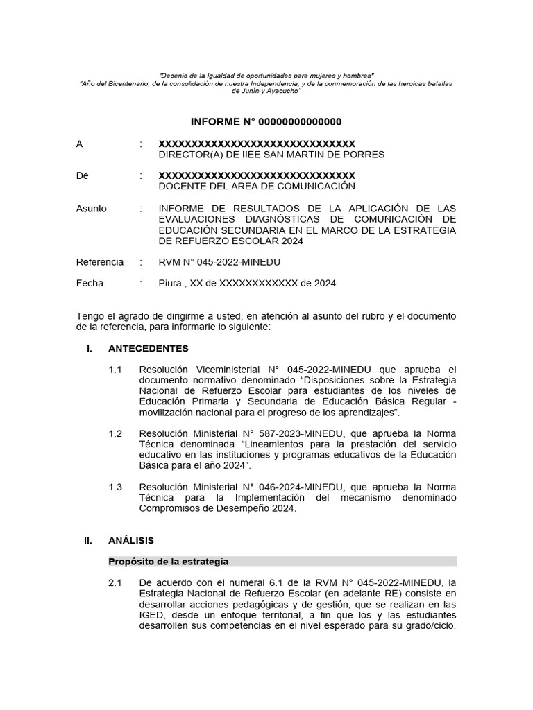 Modelo De Informe De Evaluación Diagnóstica Pdf Evaluación 2251