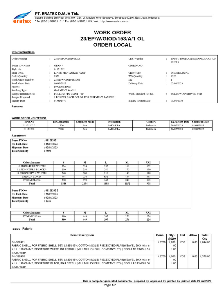Contoh Work Order | PDF | Textiles | Dyeing