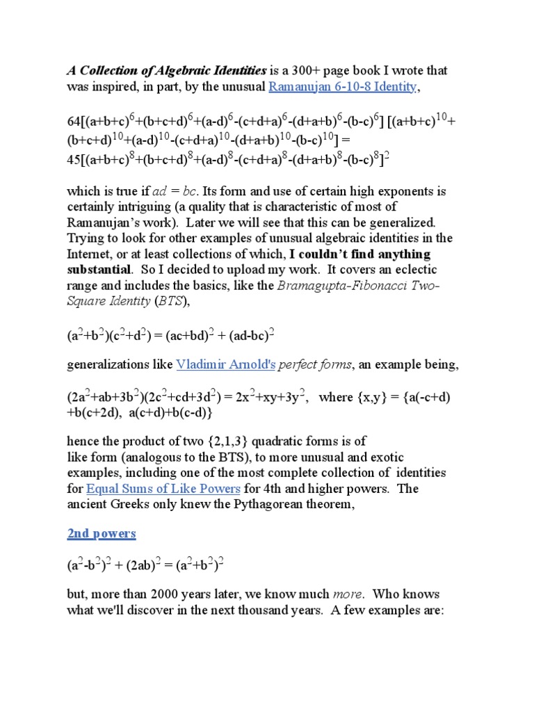A Collection of Algebraic Identities | PDF | Pi | Numbers