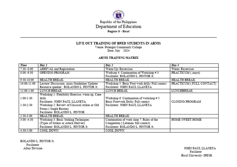 Live Out Training of Bped Students in Arnis | PDF | Philippines