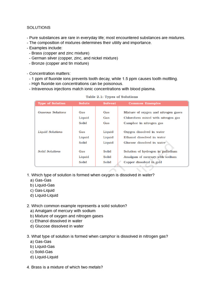 Types of Solutions MCQ | PDF | Mixture | Zinc