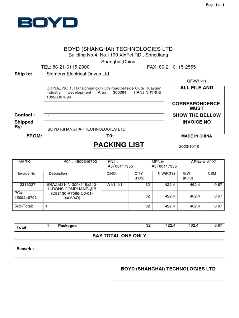 Boyd Asia Packing List Report - Packing List | PDF
