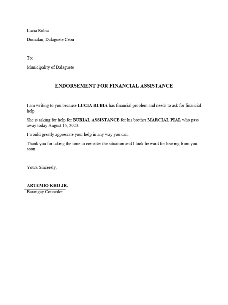 Endorsement For Financial Assitance | PDF Endorsement For Financial Assitance | PDF