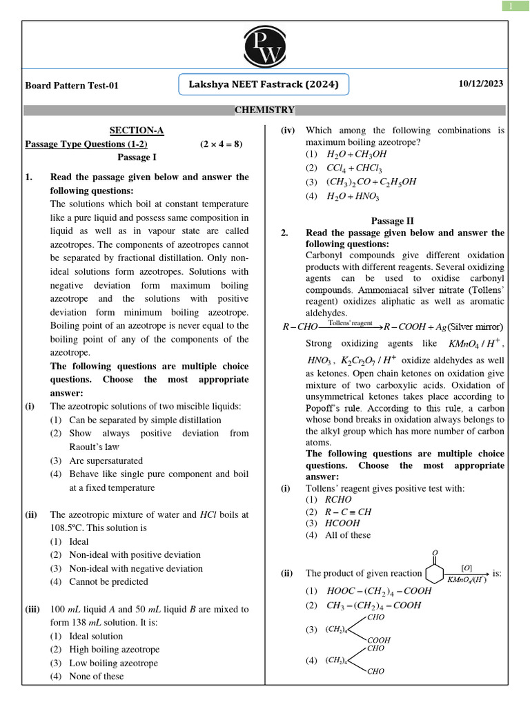 Board Pattern - 01 - Chemistry Test Paper - Lakshya NEET Fastrack 2024 ...