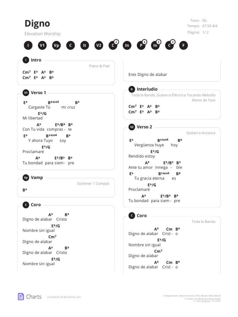 ACORDES Y LETRA (Eb Original) - Digno - Elevation Worship | PDF ...