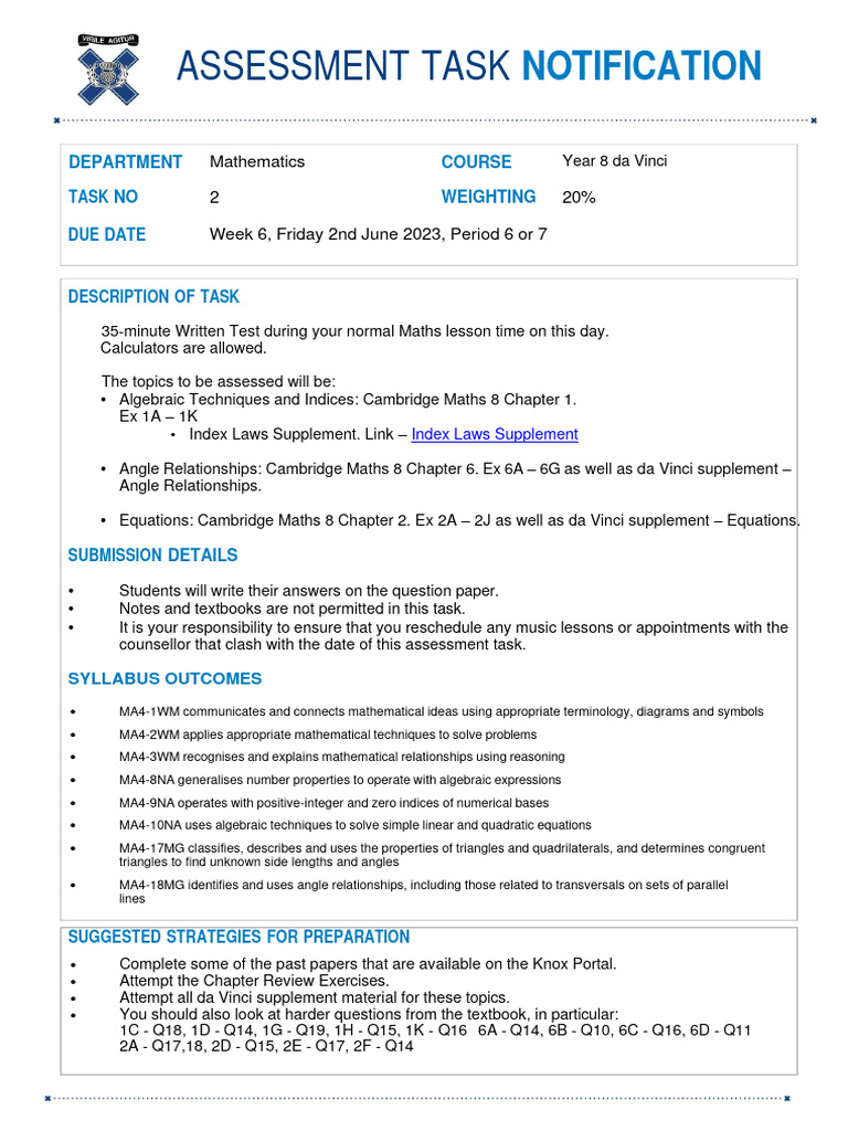 2023 Y8 dV AT2 Notification | PDF | Equations | Mathematics