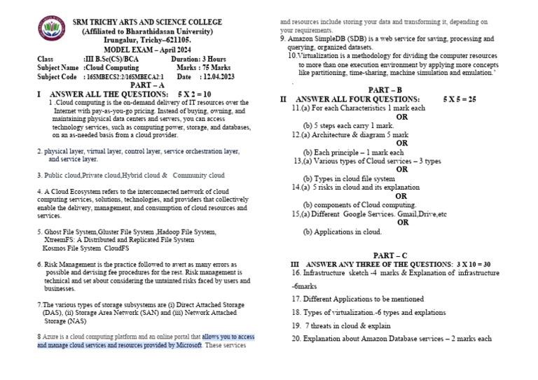 Cloudcomputing Model Answer Key 2024 Pdf Cloud Computing Computer