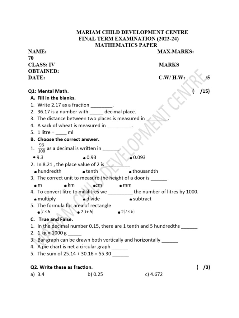 Class 4 Final Term Paper | PDF | Numbers | Decimal