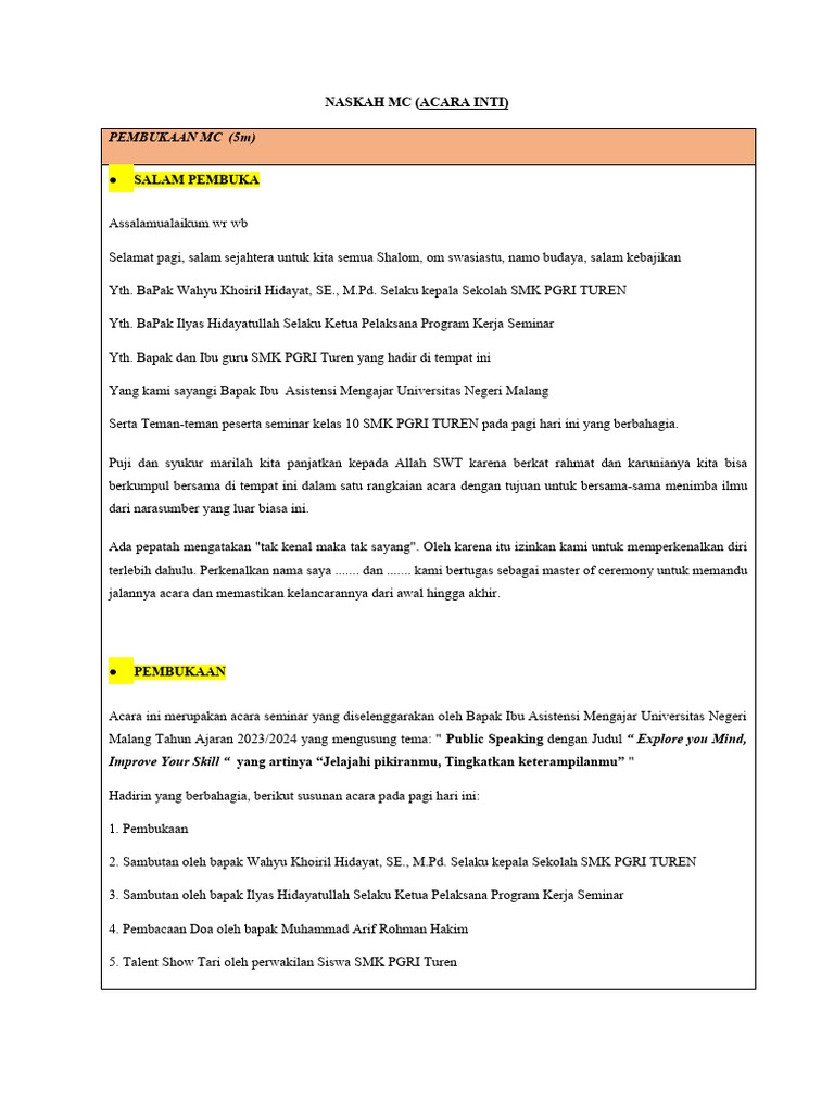 Naskah MC Seminar SMK PGRI Turen | PDF | Karier & Perkembangan | Perjalanan