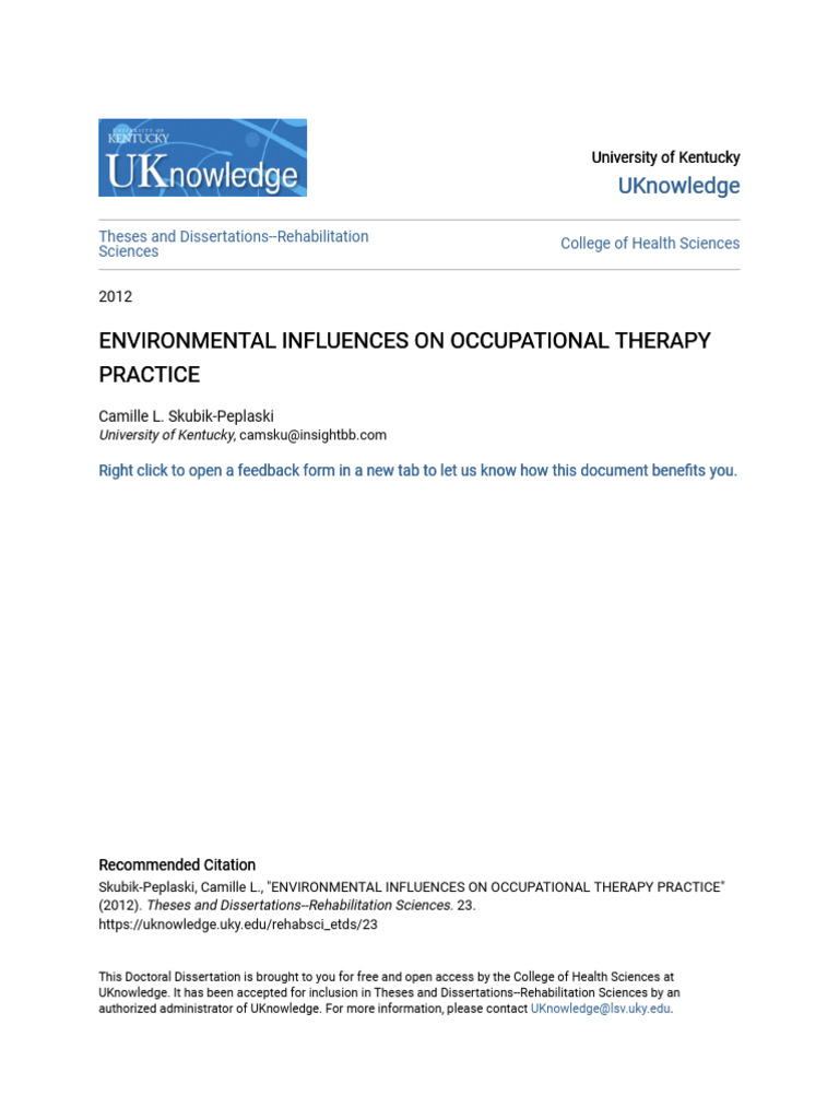 ENVIRONMENTAL INFLUENCES ON OCCUPATIONAL THERAPY PRACTICE | PDF ...