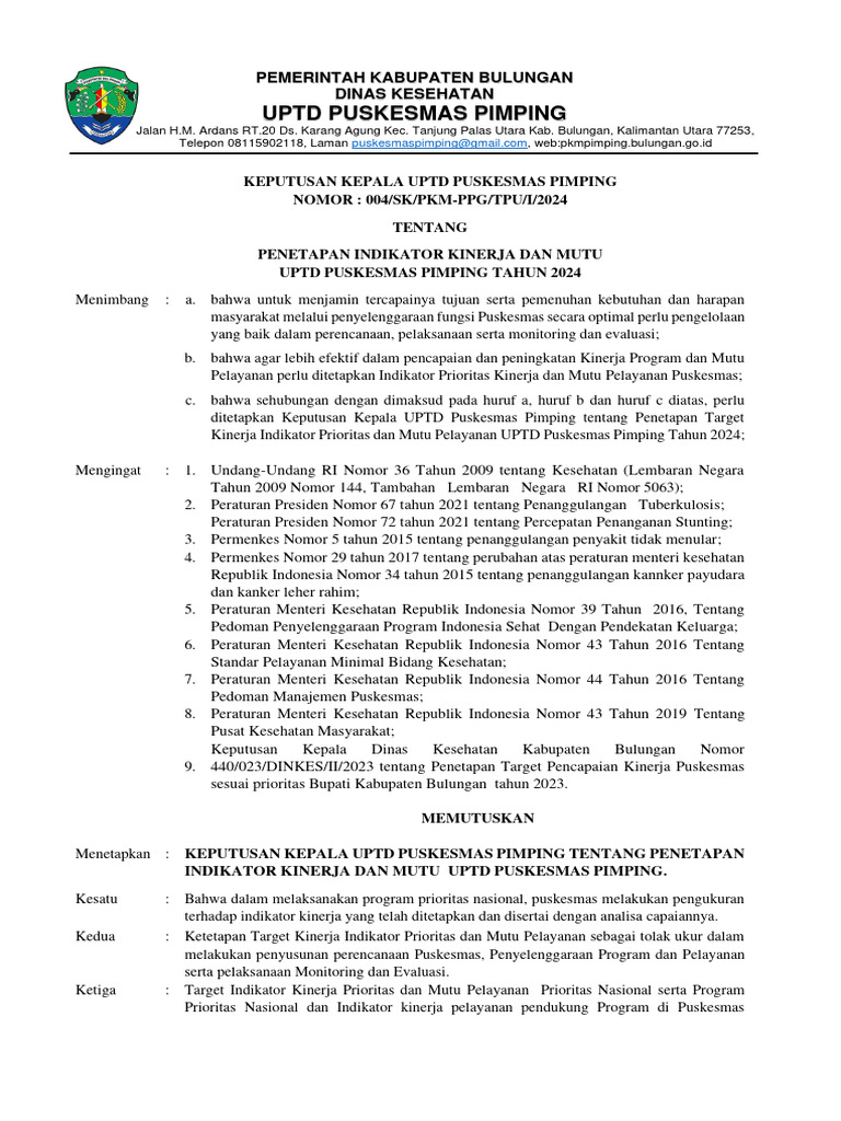 004 SK Penetapan Indikator Kinerja Puskesmas 15-01-24 | PDF