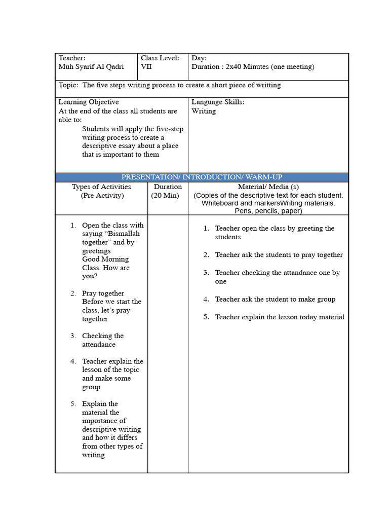 Lesson Plan - Writing | PDF | Essays | Learning