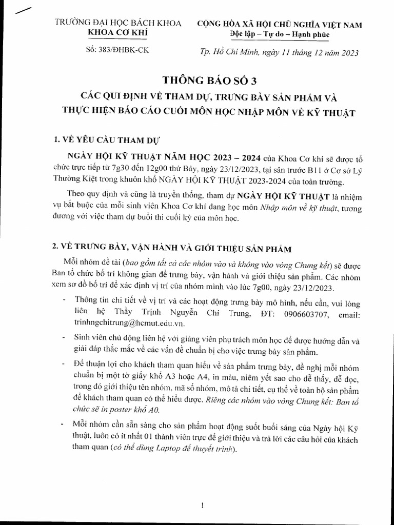 2023.12.11 - 383.DHBK - CK - Thong Bao So 3 Ve Tham Du, Trung Bay San Pham Va Thuc Hien BC Cuoi ...