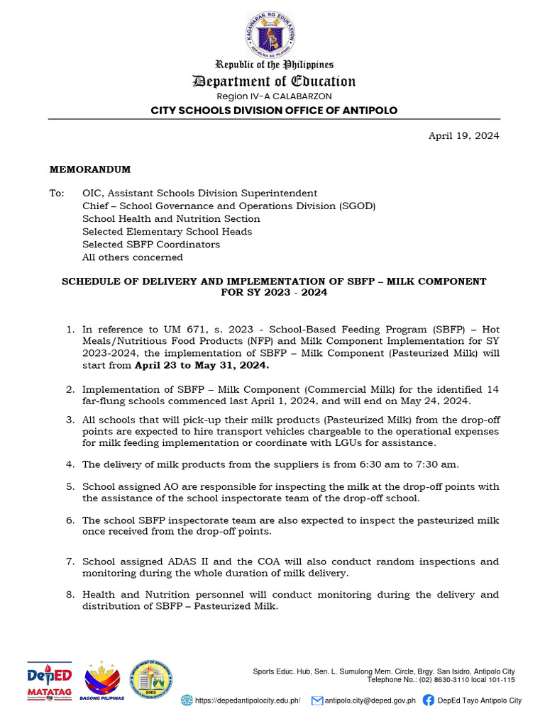 Um 306 Schedule of Delivery and Implementation of SBFP Milk Component ...
