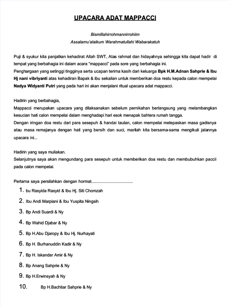 PDF Teks MC Pengajian Amp Upacara Adat Mappacci - Compress | PDF