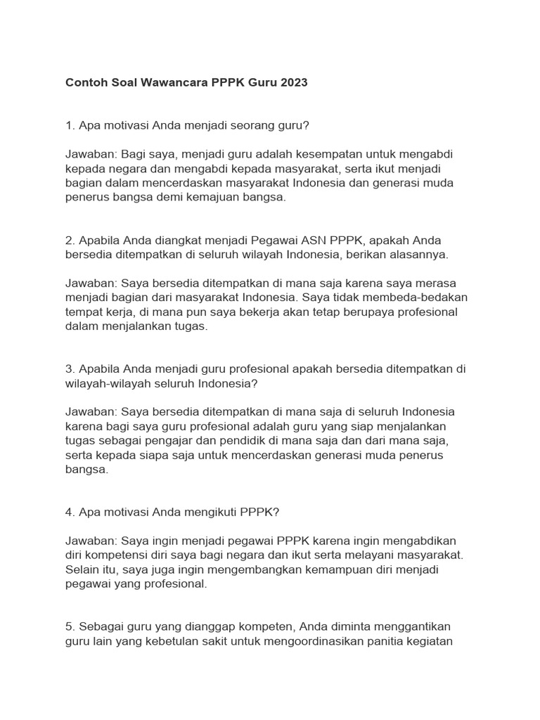 Contoh Soal Wawancara PPPK Guru 2023 | PDF