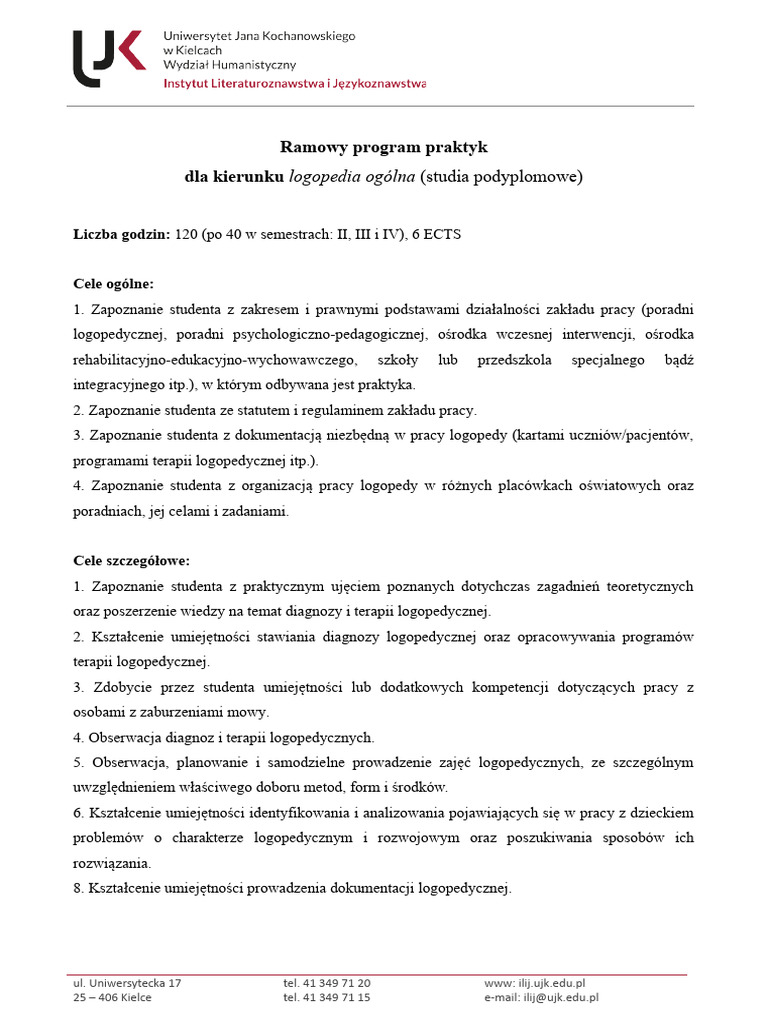 RAMOWY PROGRAM Praktyk Logopedycznych | PDF