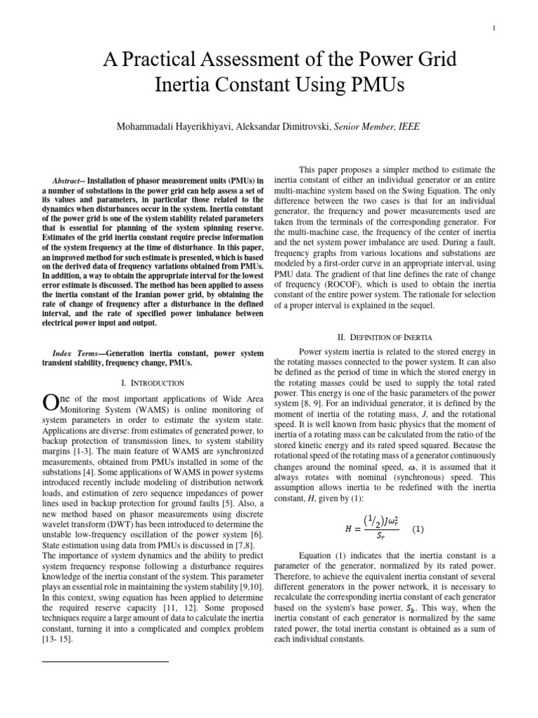 A Practical Assessment of The Power Grid Inertia Constant Using PMUs ...