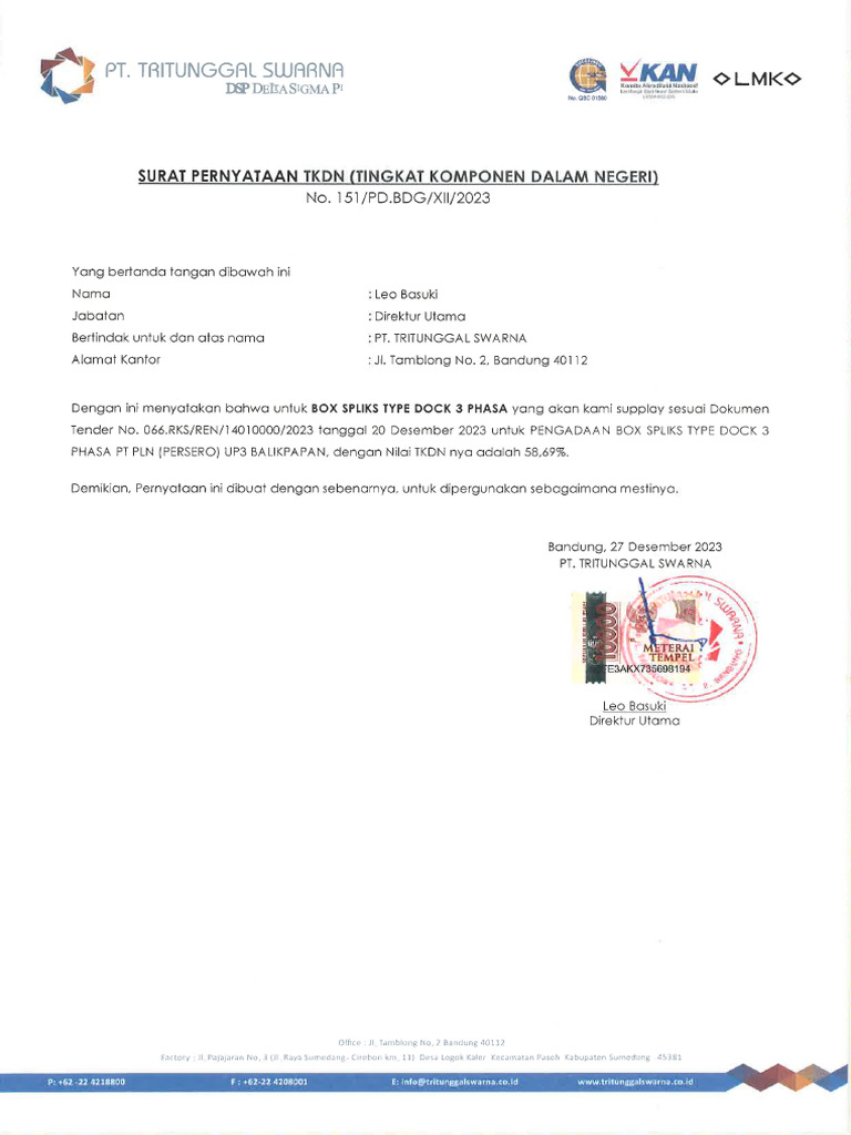Surat Pernyataan TKDN BOX SPLIKS-1 | PDF
