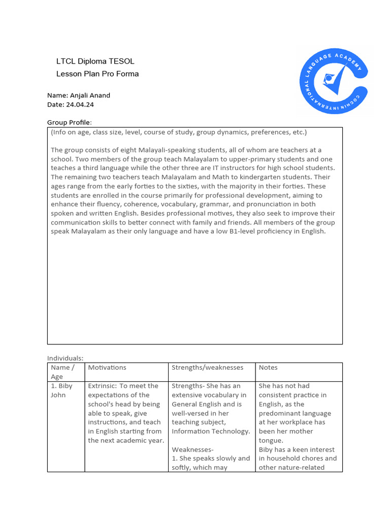 LTCL Diploma TESOL Lesson Plan Form | PDF | English Language | Learning LTCL Diploma TESOL Lesson Plan Form | PDF | English Language | Learning