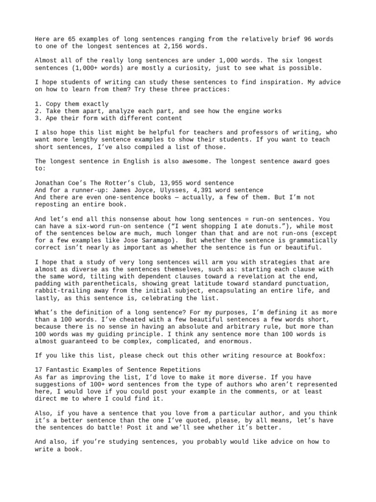 Long Sentence Examples for Writers | PDF | Sentence (Linguistics ...