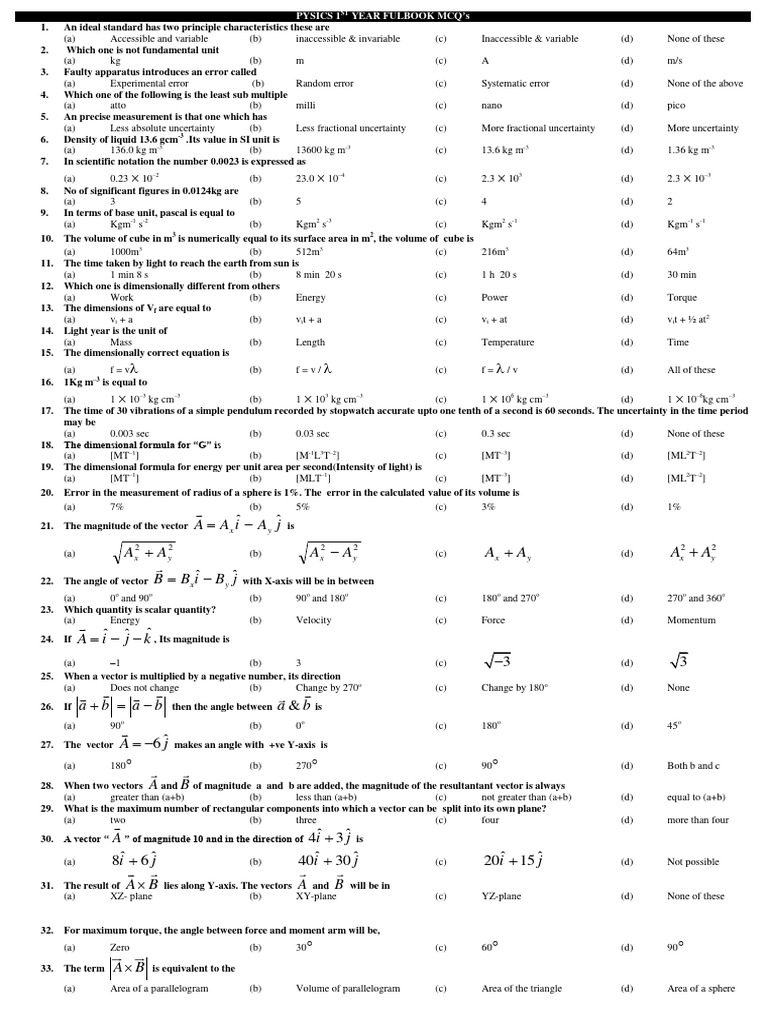 1st Year Physics MCQ Data | PDF | Force | Doppler Effect