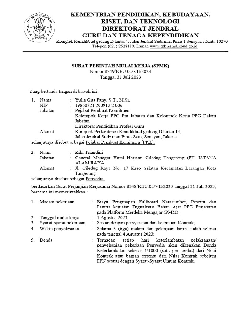 Surat Perintah Mulai Kerja (SPMK) | PDF