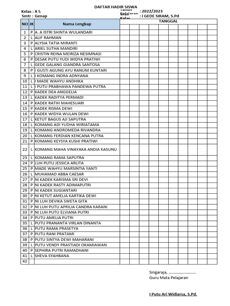 Daftar Hadir Siswa 2022 2023 GENAP | PDF