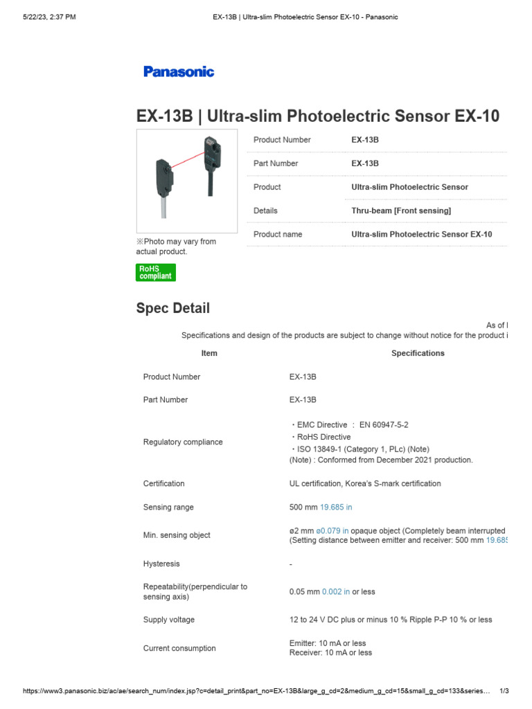 EX-13B - Ultra-Slim Photoelectric Sensor EX-10 - Panasonic | PDF ...