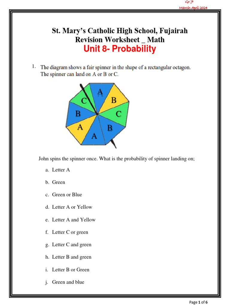 Grade 7 Probability Revision Worksheet | PDF