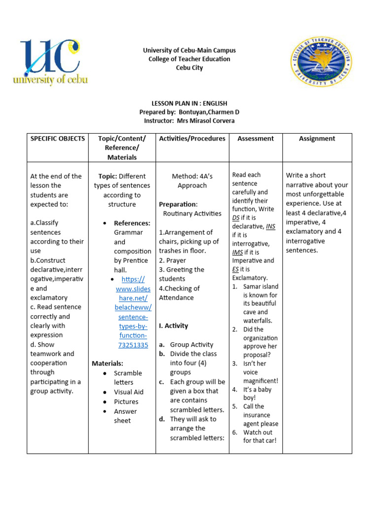 LESSON PLAN IN ENGLISH | PDF | Lesson Plan | Cognitive Science