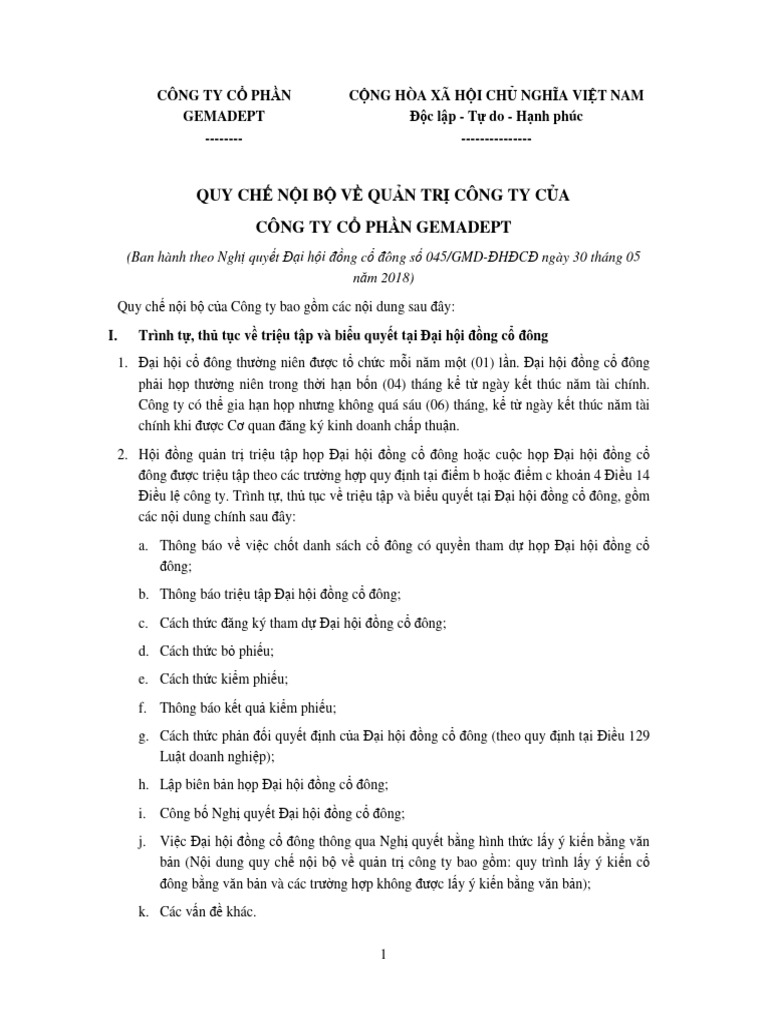 Quy Che Quan Tri Cong Ty 2018 | PDF