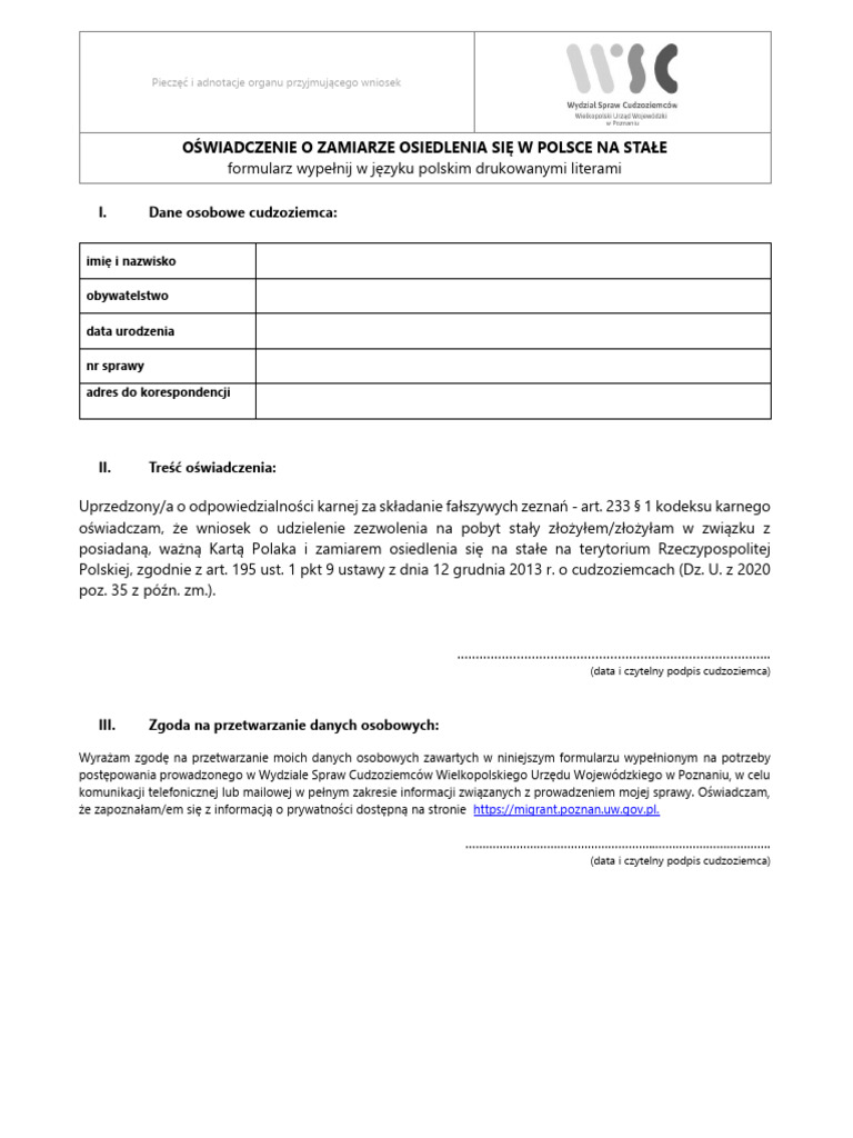 Oswiadczenie Pobyt Staly Zamiar Osiedlenia Sie | PDF