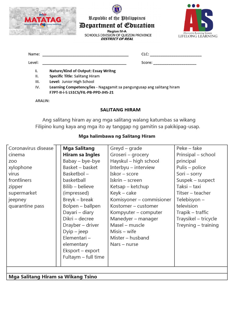 LS 1 Fil Work Sample JHS | PDF