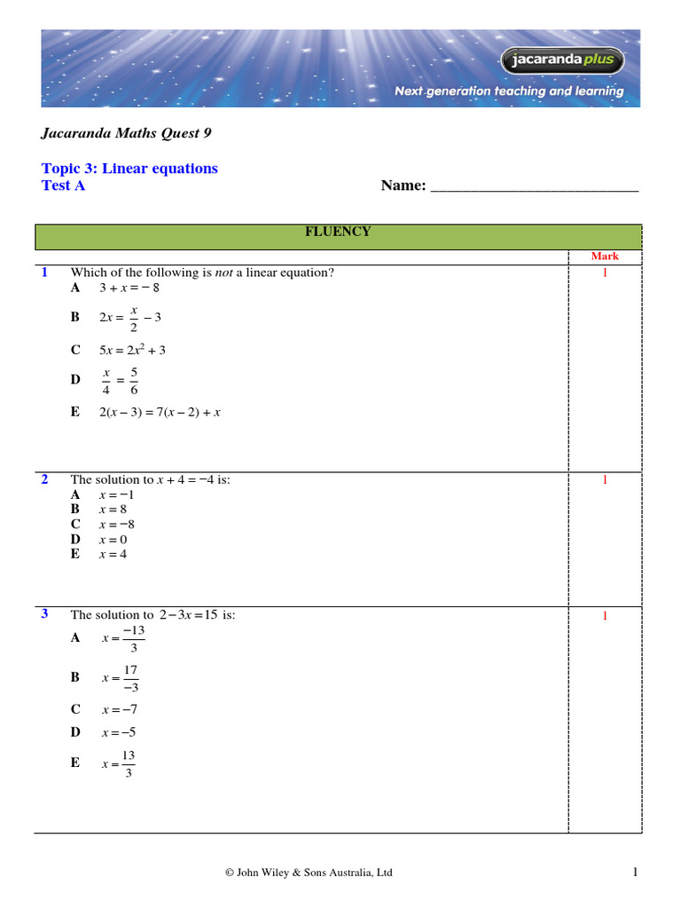 JacPlus Ch3 Topic Test A | PDF | Equations | Mathematical Objects
