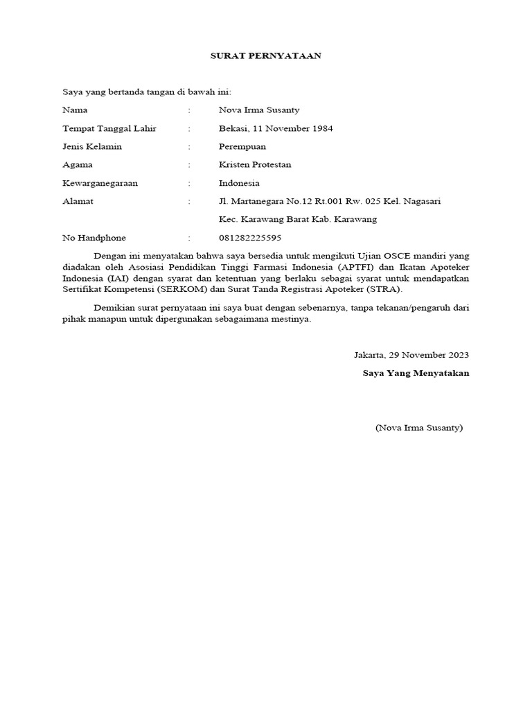 Surat Pernyataan Apt 47 | PDF