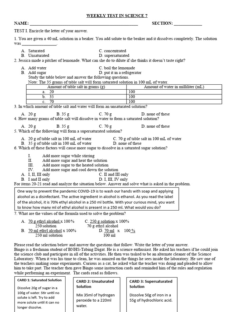 WEEKLY TEST IN SCIENCE 7 Week 8 | PDF | Ethanol | Physical Chemistry