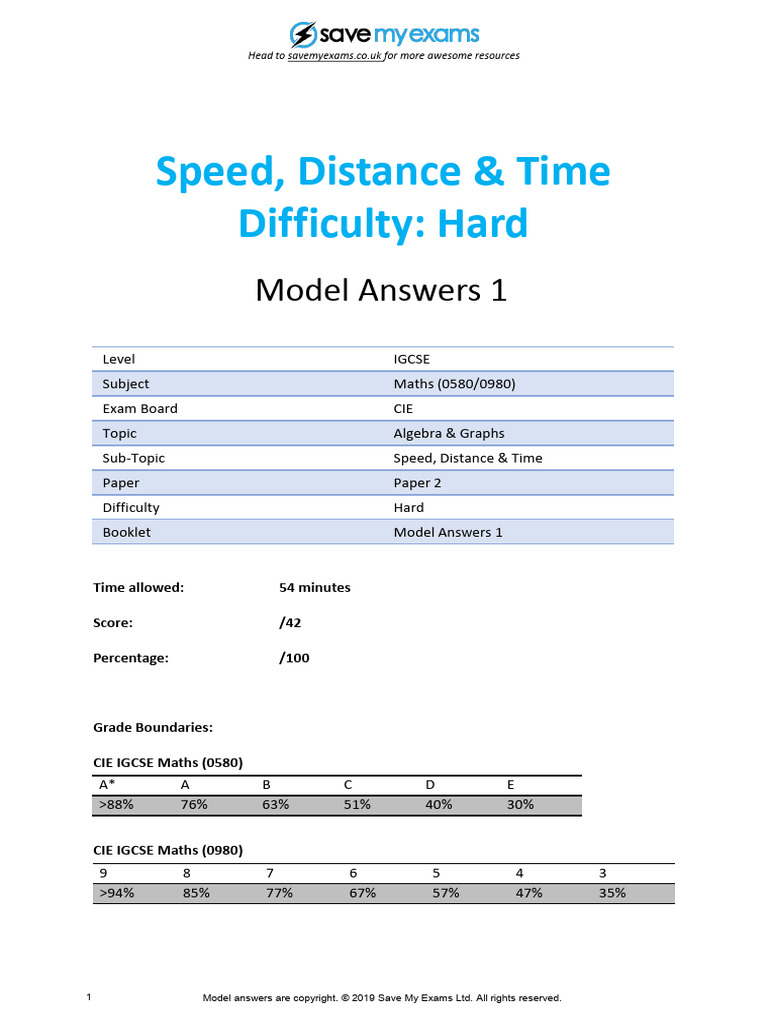 E2.10 Speed Distance - Time 2B Model Answers Booklet 1 CIE IGCSE Maths ...