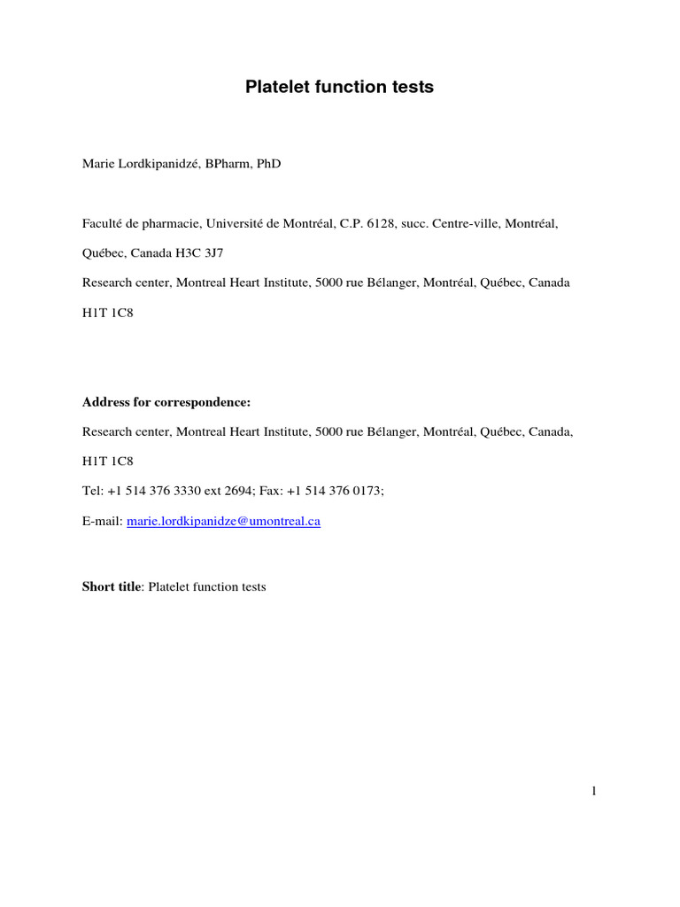 Sth Platelet Function Tests Postprint Pdf Platelet Bleeding
