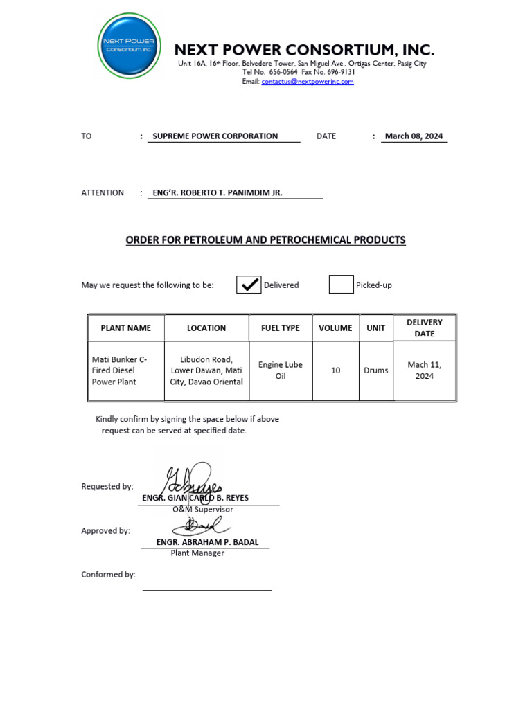Petroleum Order for Mati Plant | PDF