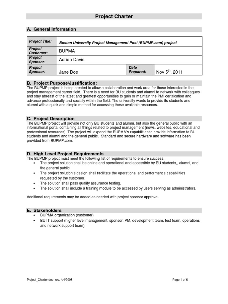 Project Charter Template | PDF | Project Manager | Websites