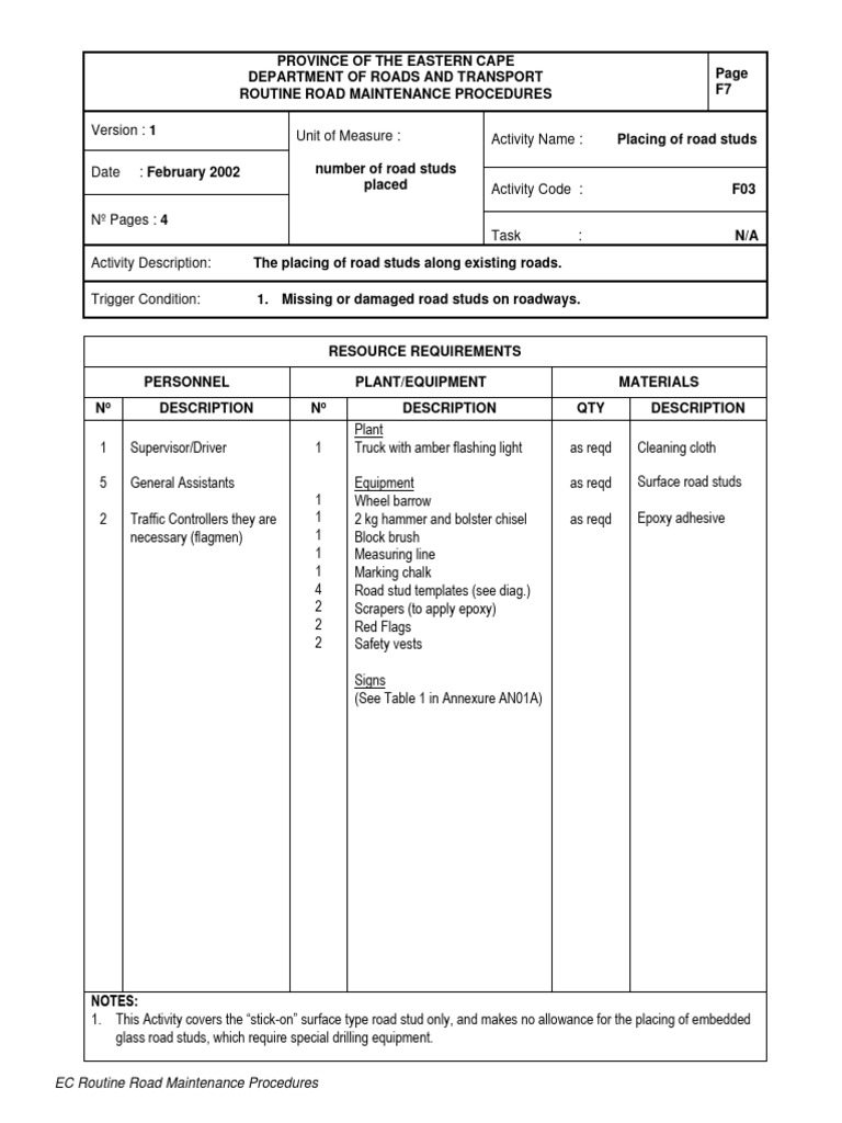 8825 F03 Placing of Road Studs | PDF | Road | Transport