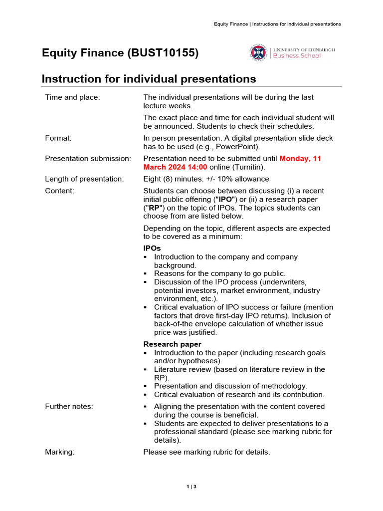 Equity Finance - Presentation Instructions (Final) | PDF | Initial ...