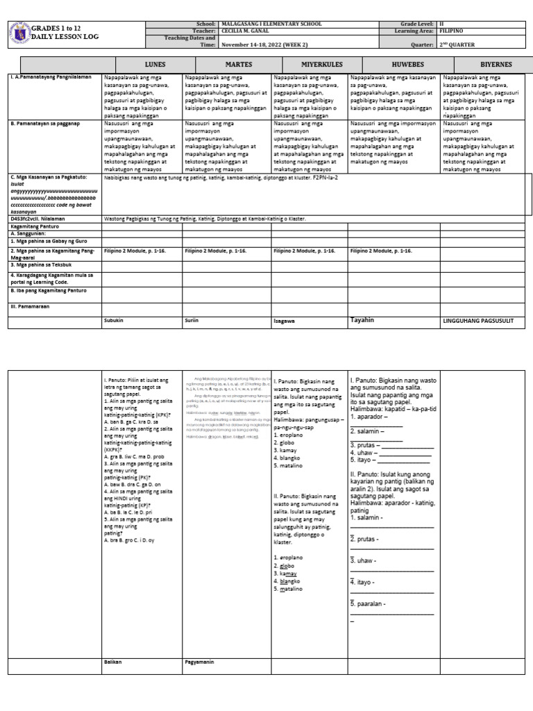 DLL - Filipino 2 - Q2 - W2 | PDF