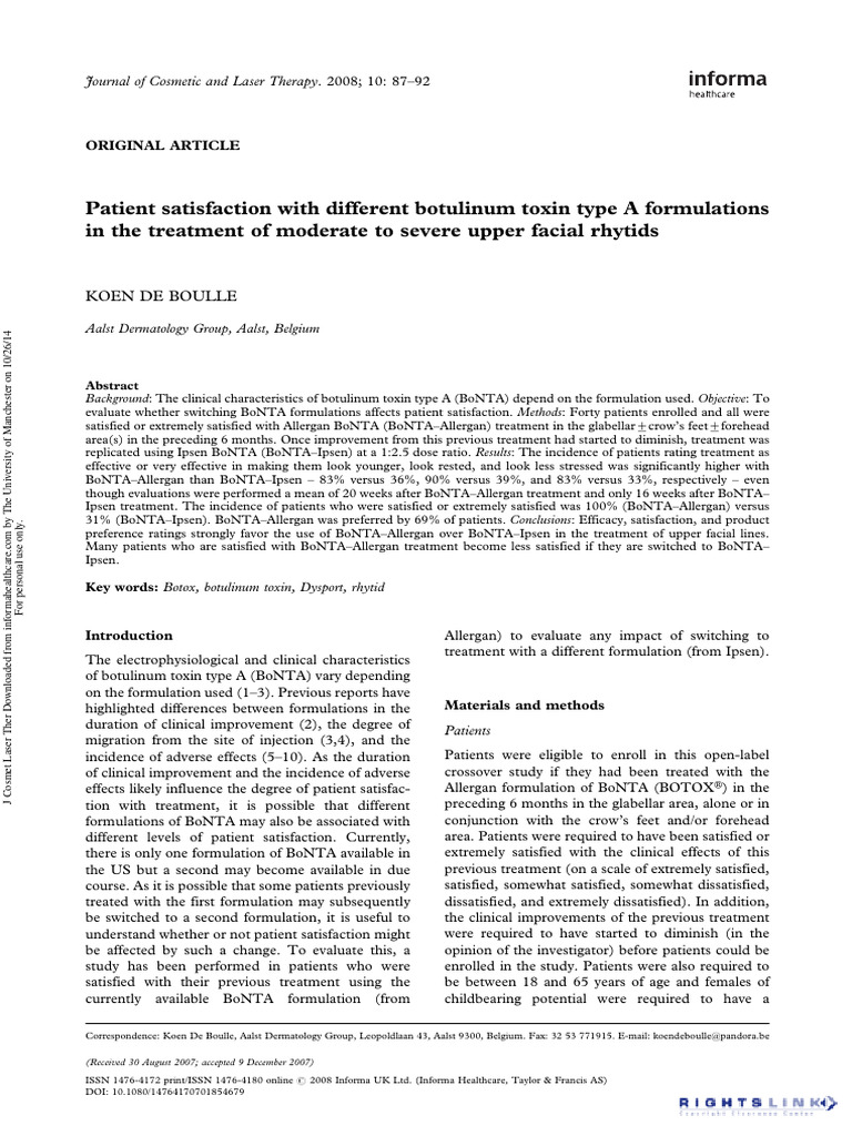 Patient Satisfaction With Different Botulinum Toxin Type A Formulations in The Treatment of ...